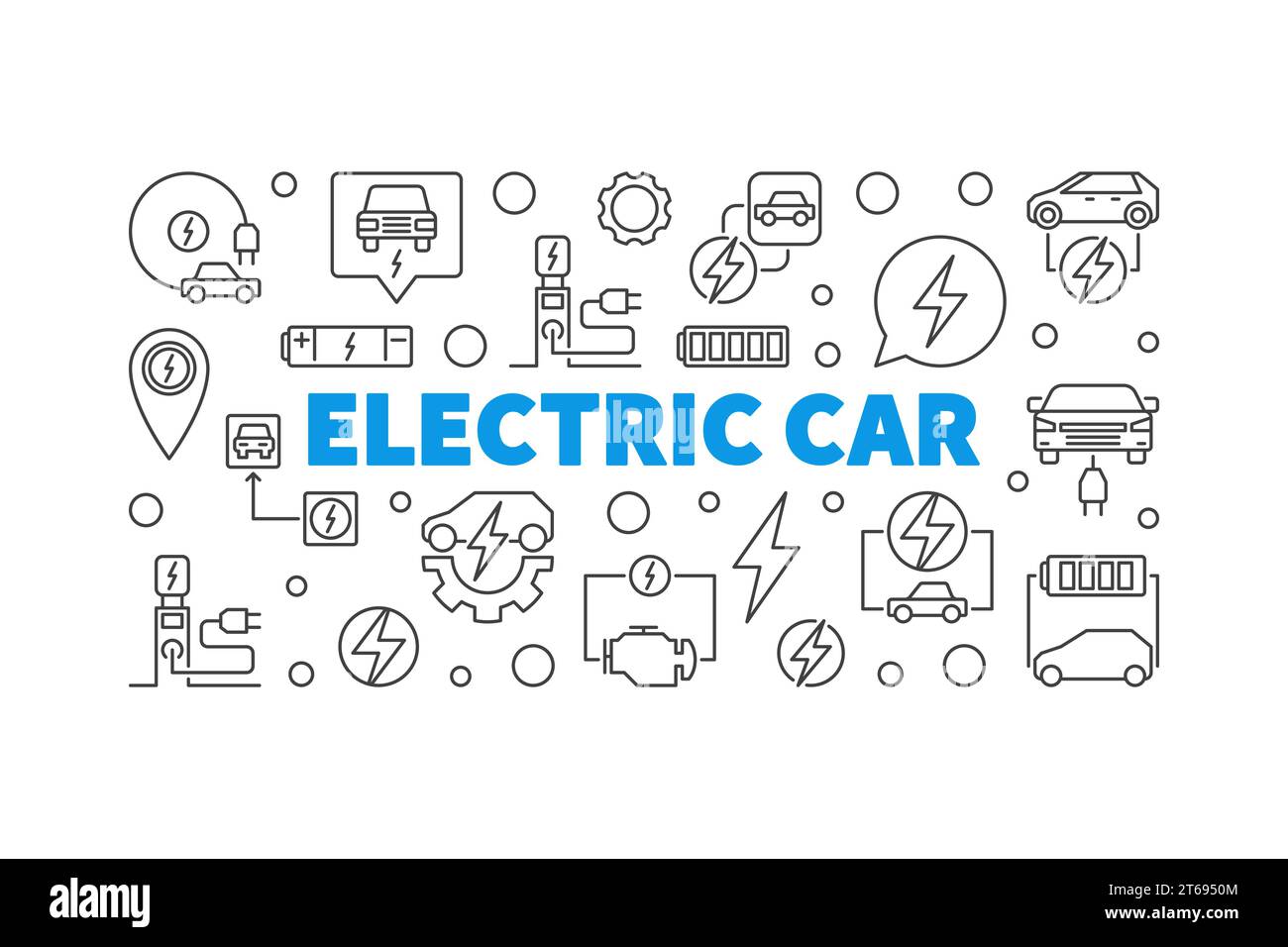 Electric car horizontal banner in thin line style. Vector concept ...