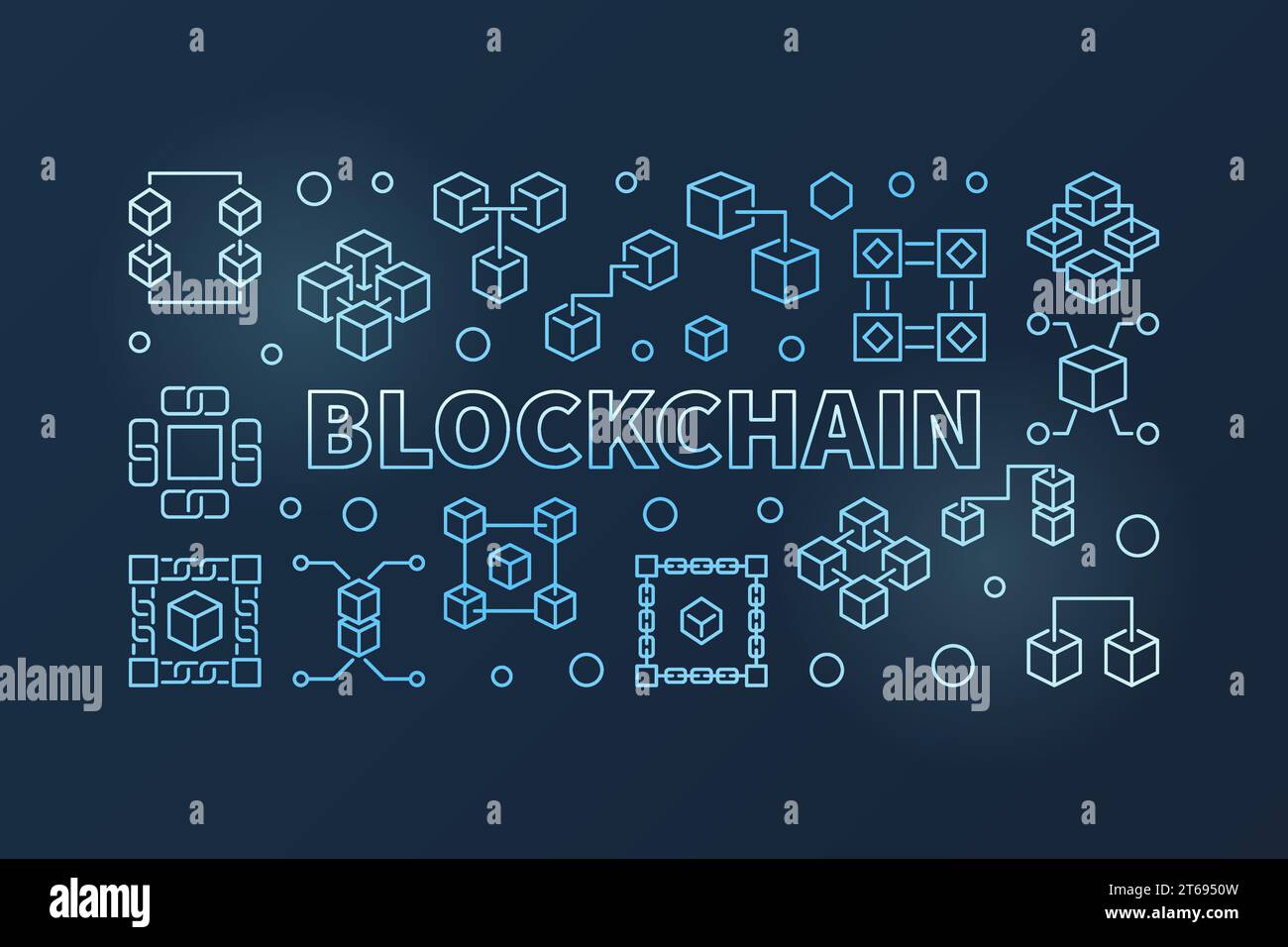 Blockchain cryptocurrency outline blue horizontal banner. Vector bright ...