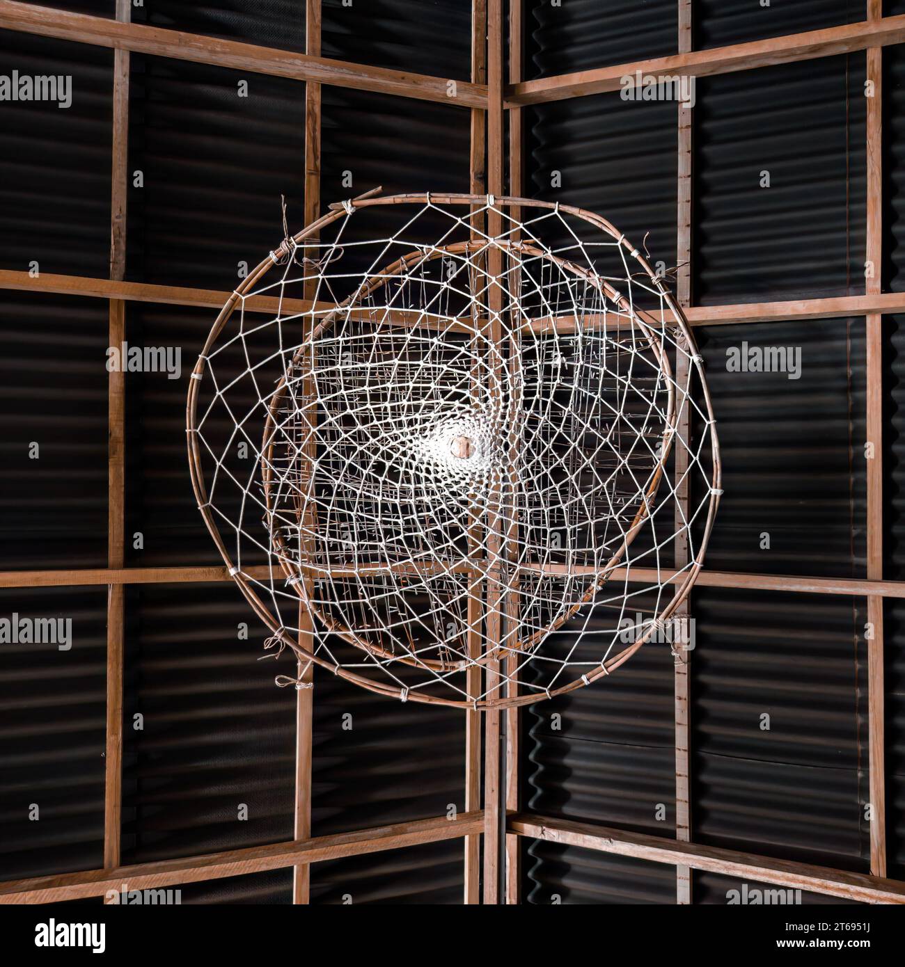 A modern black metal ceiling structure with an array of spherical ...