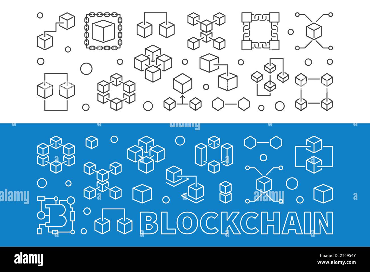 Blockchain cryptocurrency outline banners set. Block chain vector illustration in thin line ...