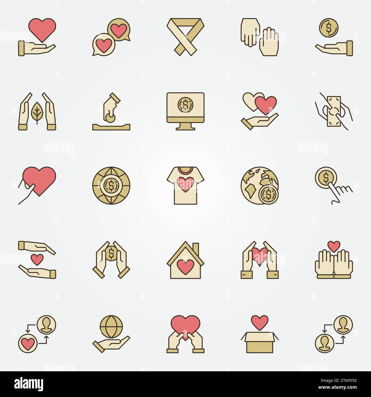 Charity and Donation vector creative icons set. Volunteering and ...