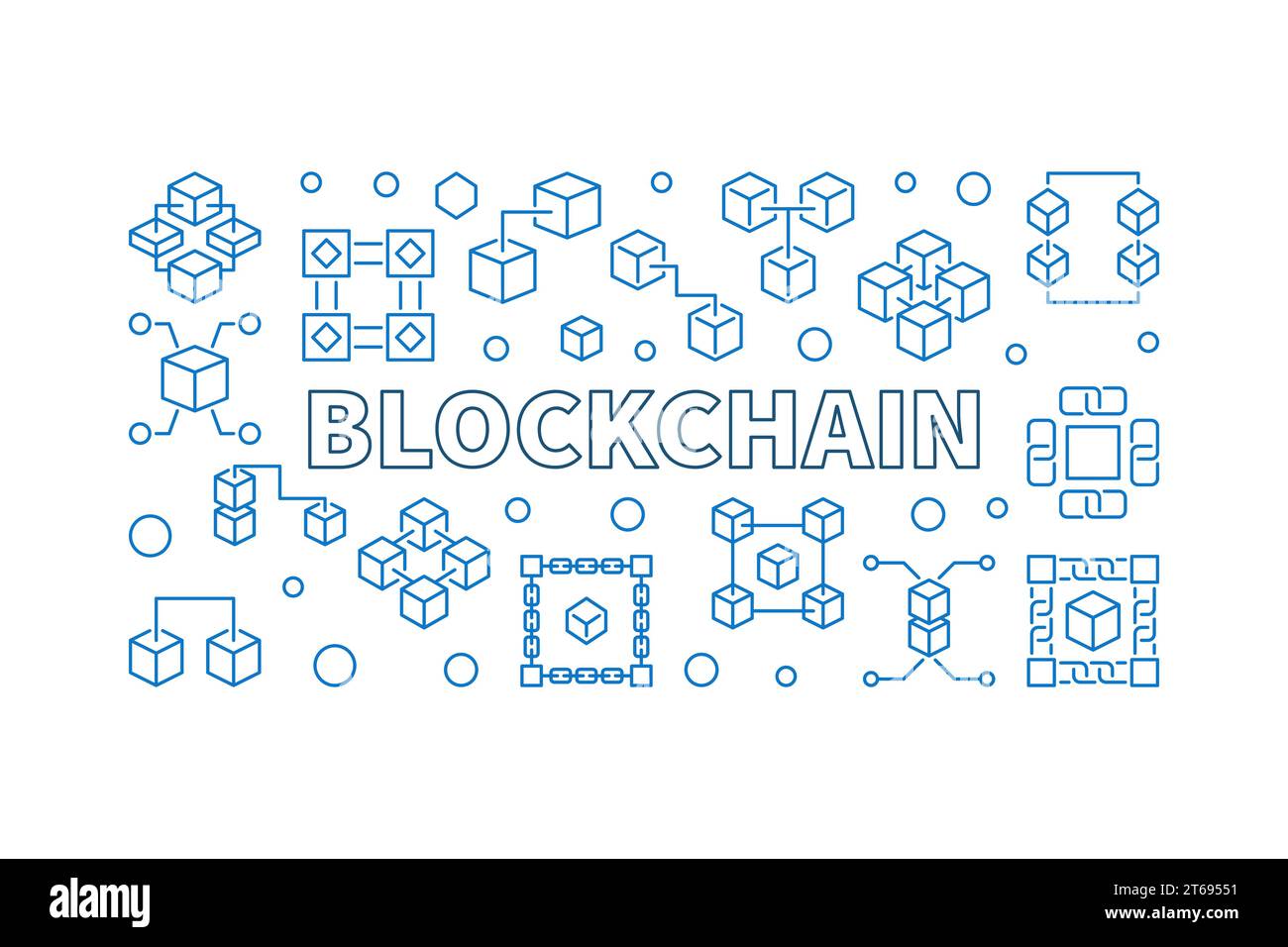 Blockchain cryptocurrency concept outline horizontal banner. Vector illustration in thin line ...