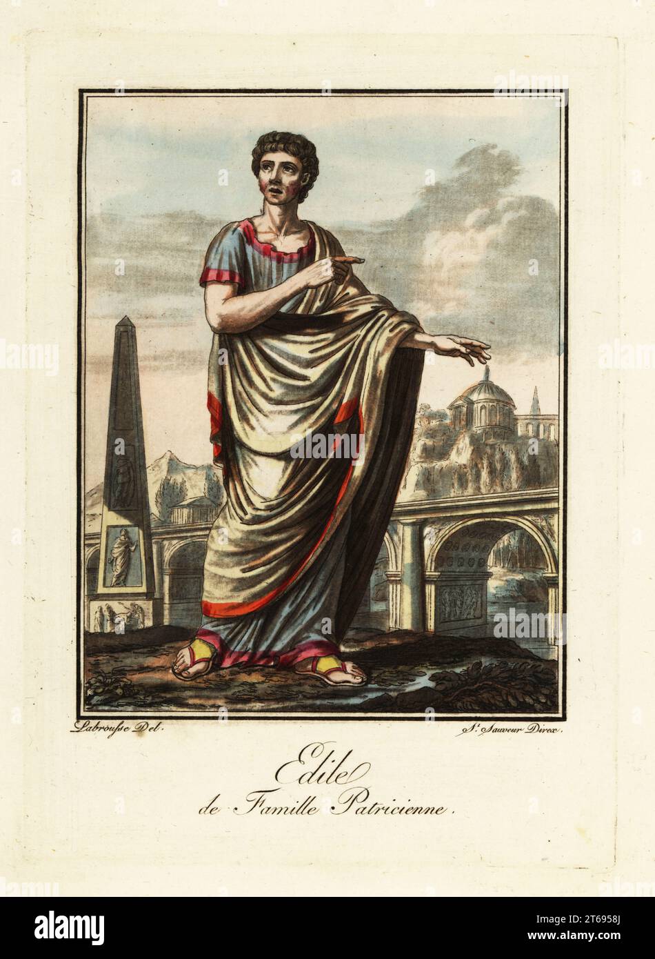 Aedile in toga, tunic and sandals, ancient Rome. In front of various ...