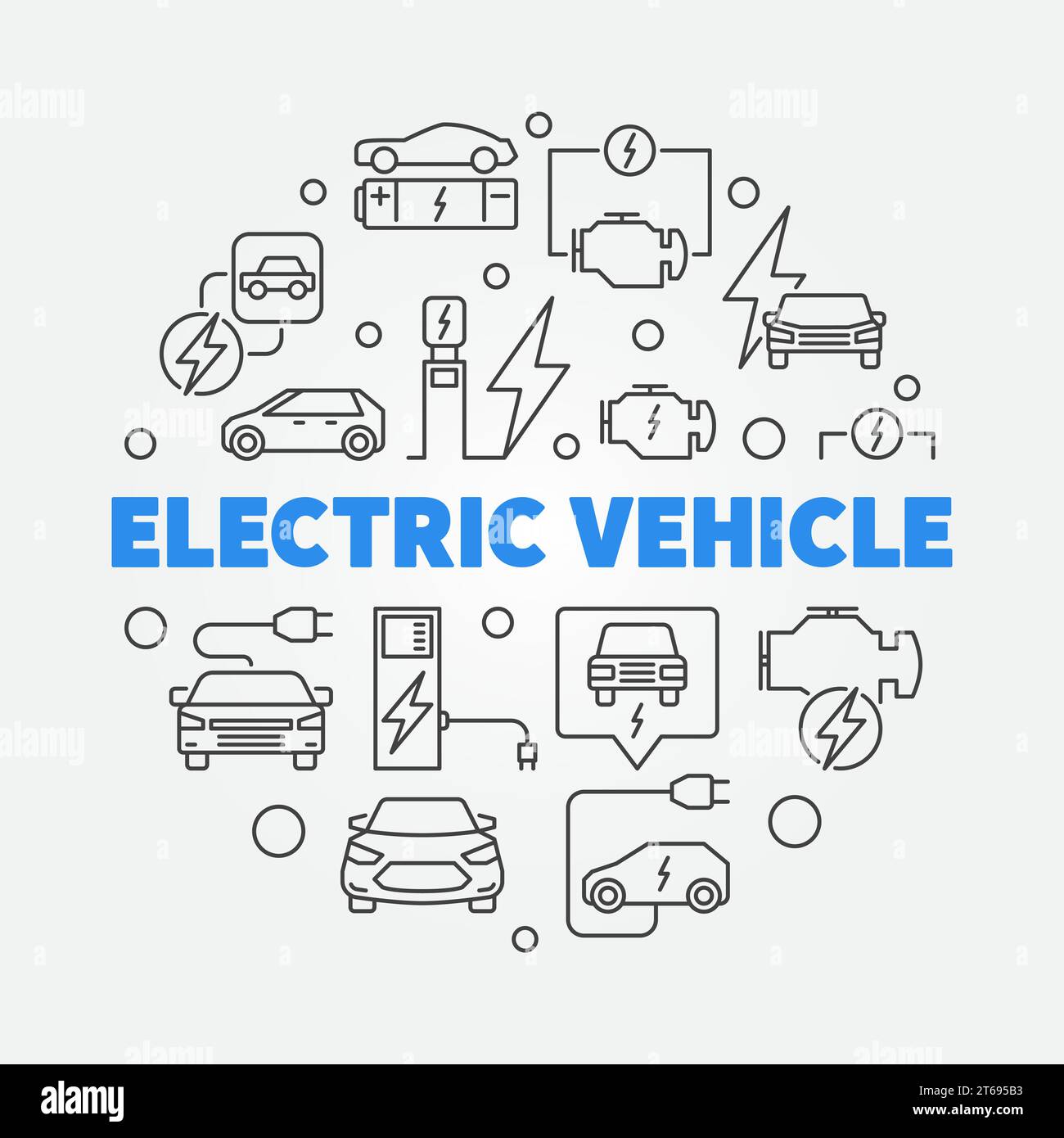 Electric vehicle round vector illustration in outline style. EV concept ...