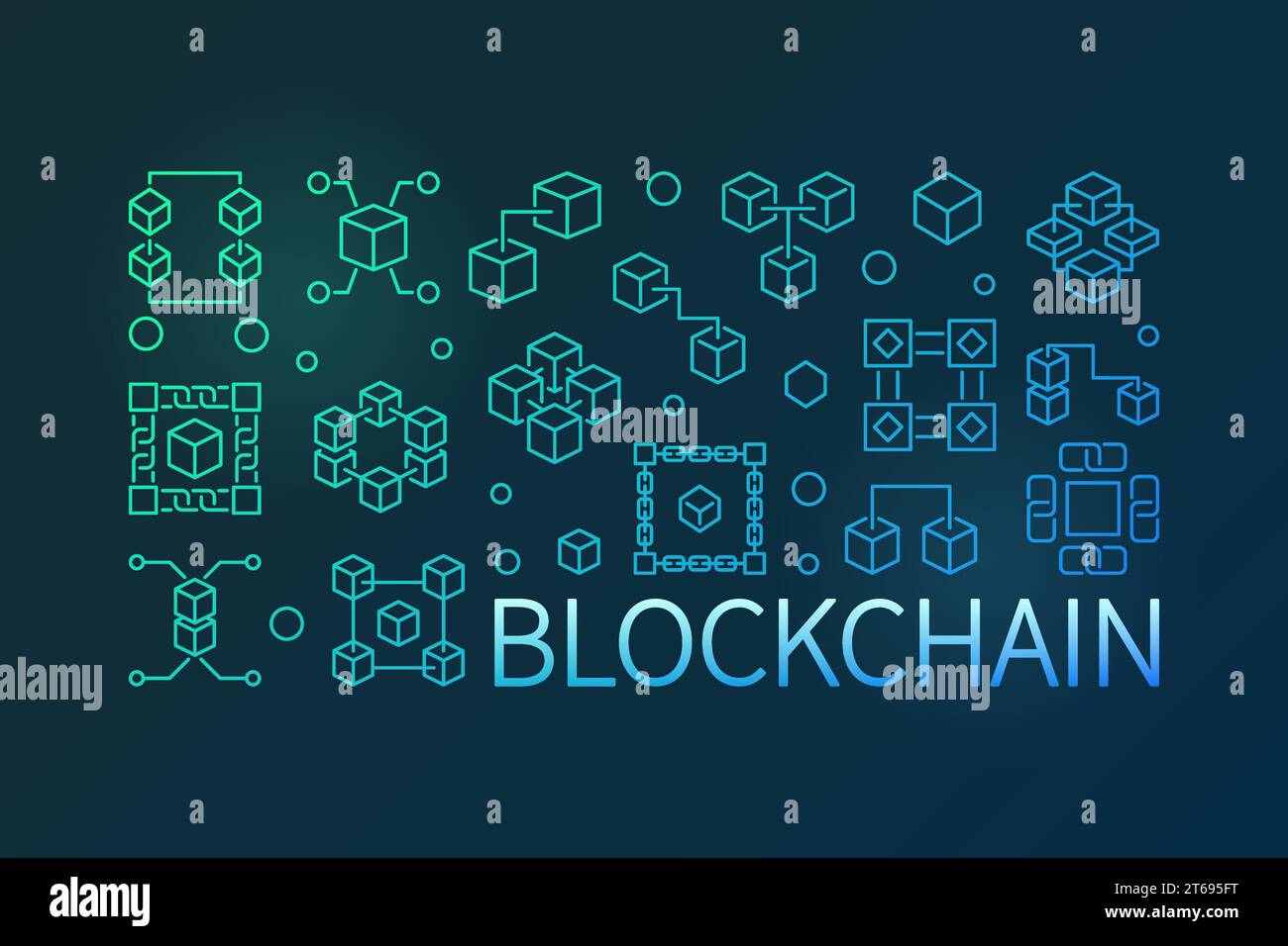 Blockchain cryptocurrency colored linear horizontal banner. Vector ...