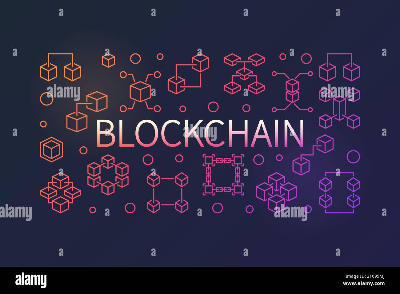 Blockchain vector colorful outline horizontal illustration. Block Chain bright banner in thin ...
