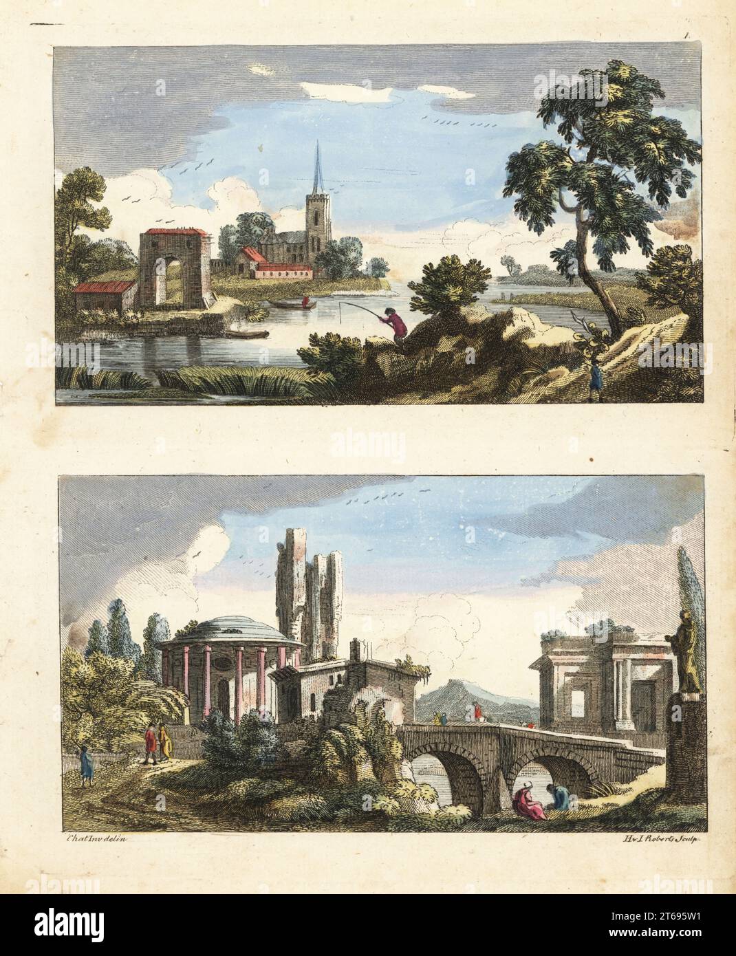 Rustic landscapes by Chat. A church on a river. A temple and other ...