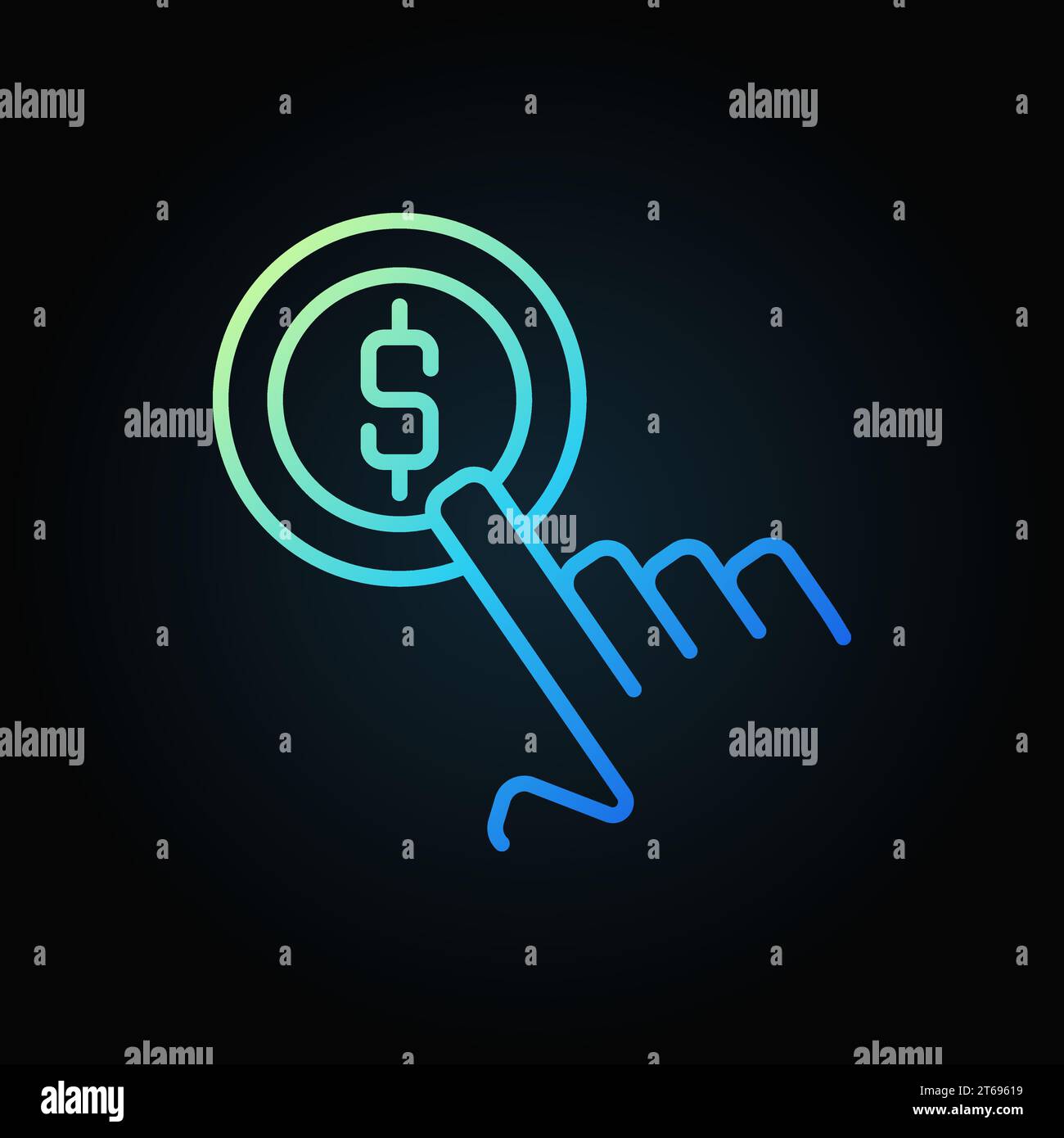 Finger with coin vector colored line icon or design element on dark ...