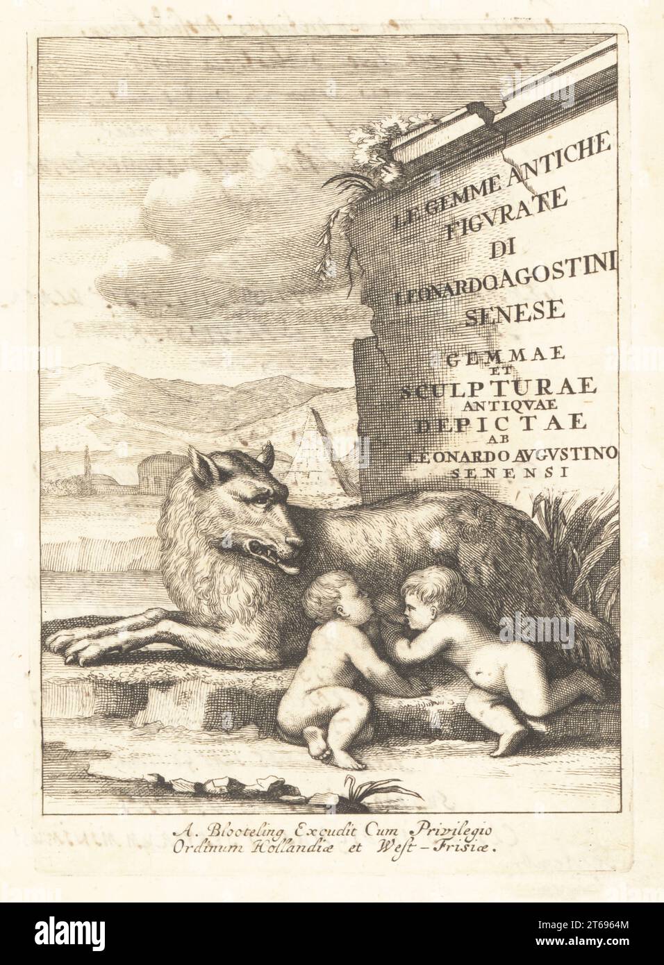 Calligraphic frontispiece with Romulus and Remus suckled by a wolf in front of a carved stone ...