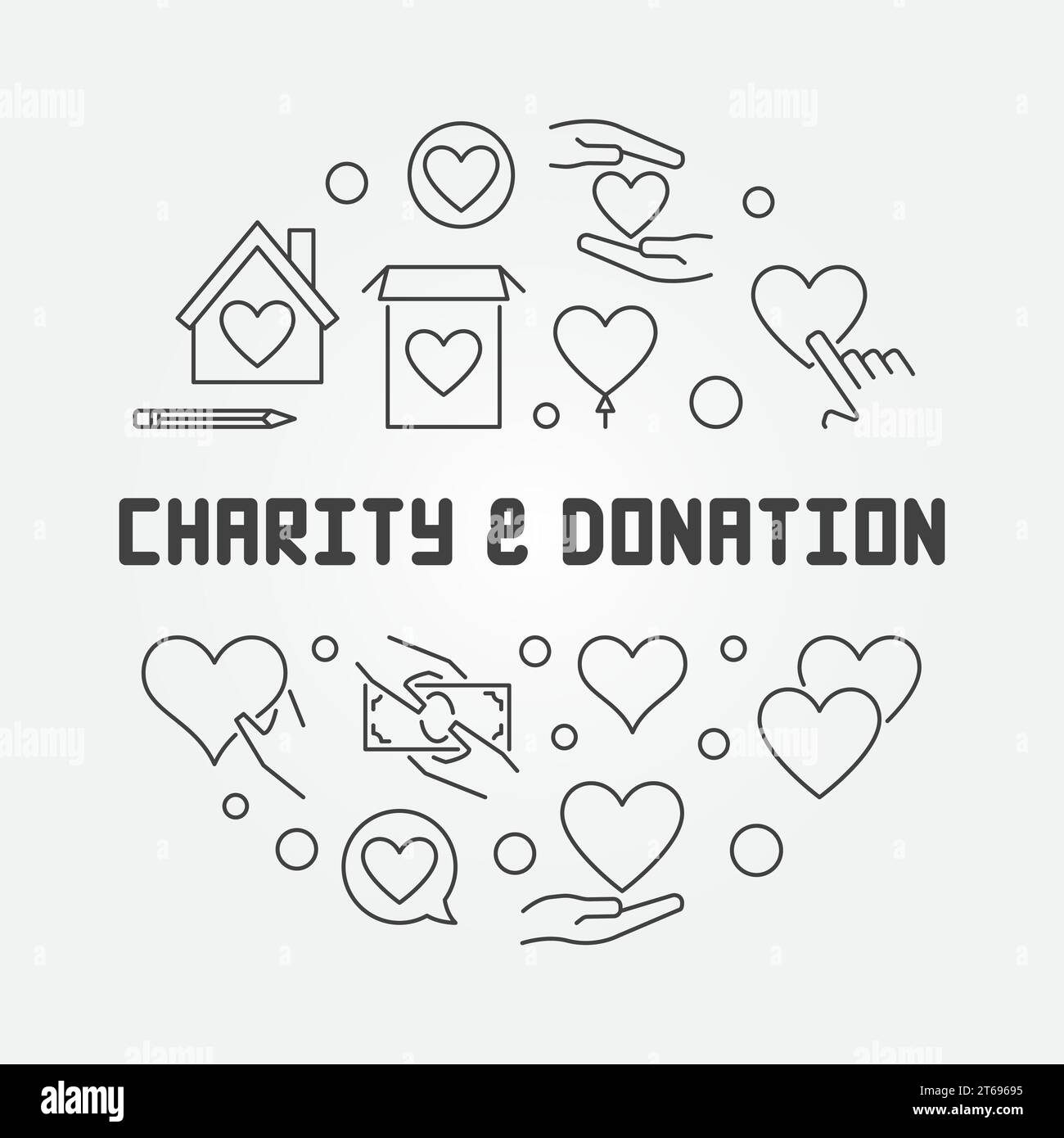 Charity and Donation round vector concept outline illustration for ...