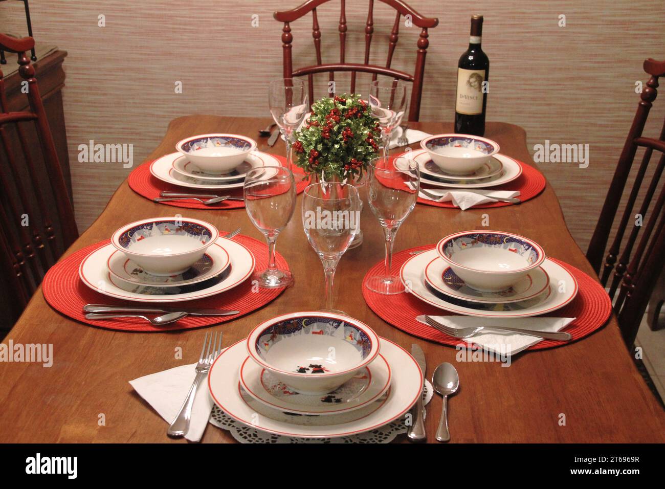 Christmas dining setting in the dining room of an American middle-class ...