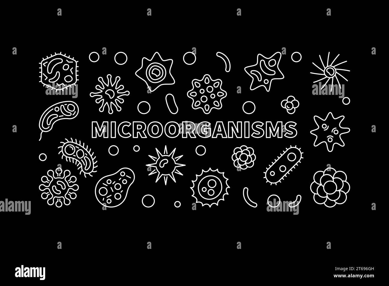 Microorganisms horizontal banner. Vector microbiology outline illustration made with bacteria ...
