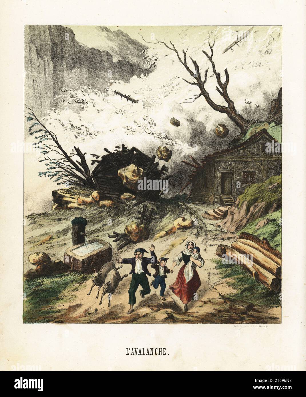 Shepherd and family and sheep flee from an avalanche in the Swiss Alps ...