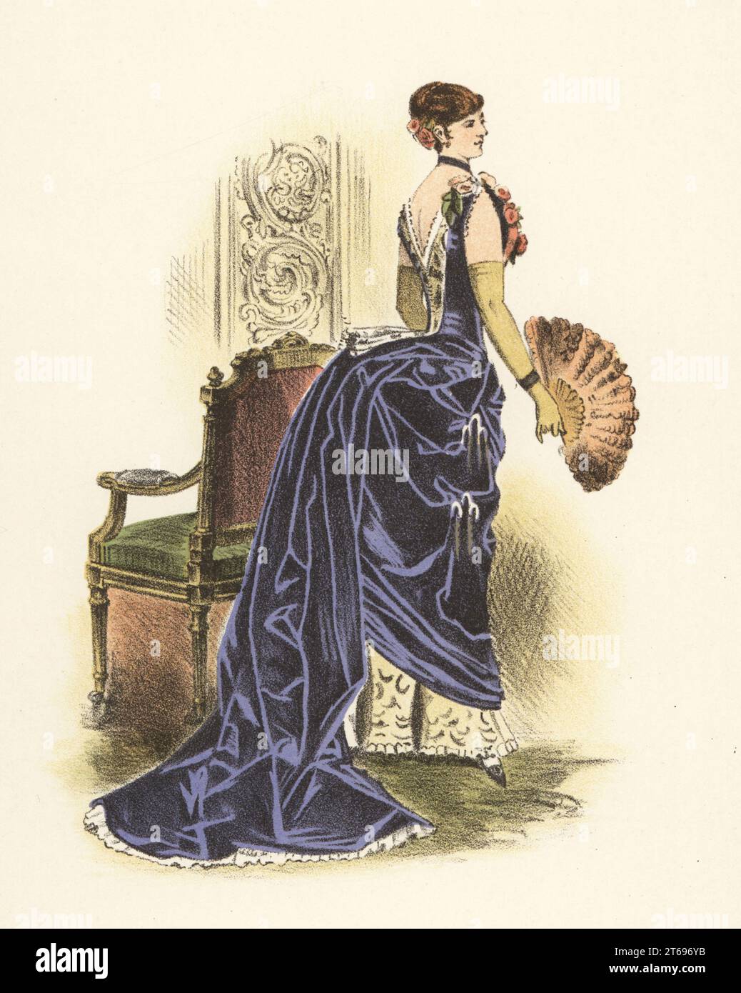 Fashionable woman in a lavish gown with huge bustle and train, 1885. La ...