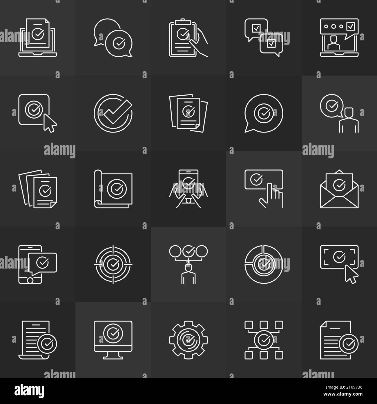 Check mark and approved outline icons. Certificate, accepted, confirm, approve linear signs or ...