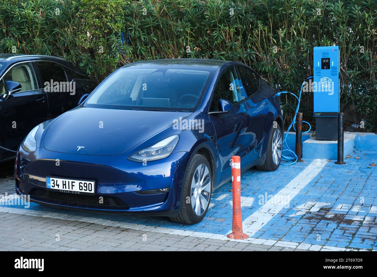 Istanbul, Turkey - November 5, 2023: Dark blue Tesla Model Y is ...