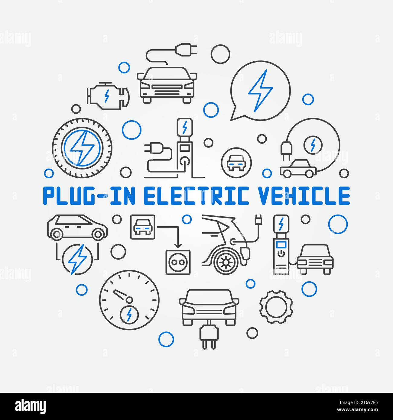 Plug-in electric vehicle vector circular minimal illustration in thin ...