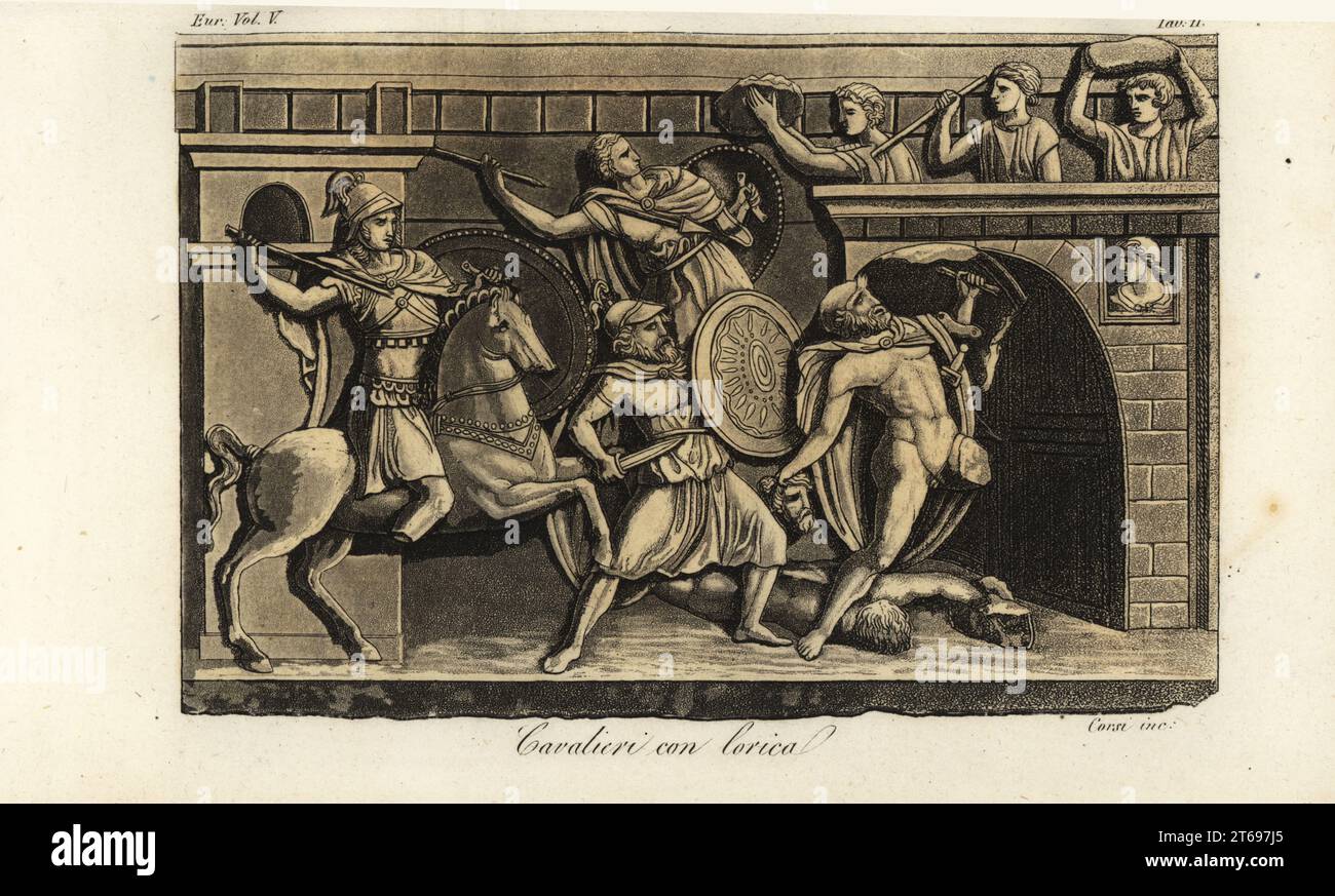 Etruscan cavalry and warriors at the siege of Thebes. They throw lances ...