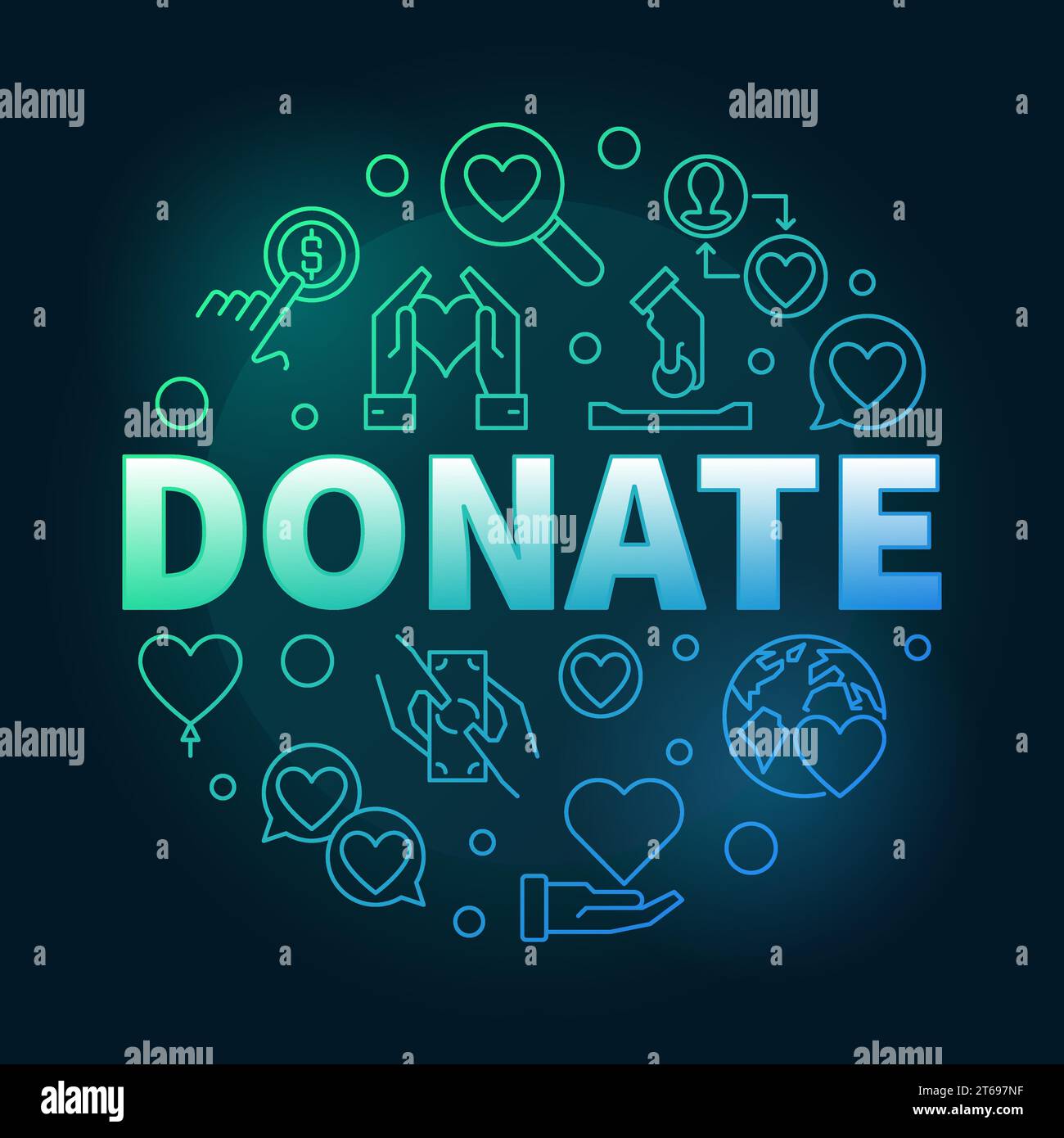 Donate round vector colored illustration in thin line style on dark ...