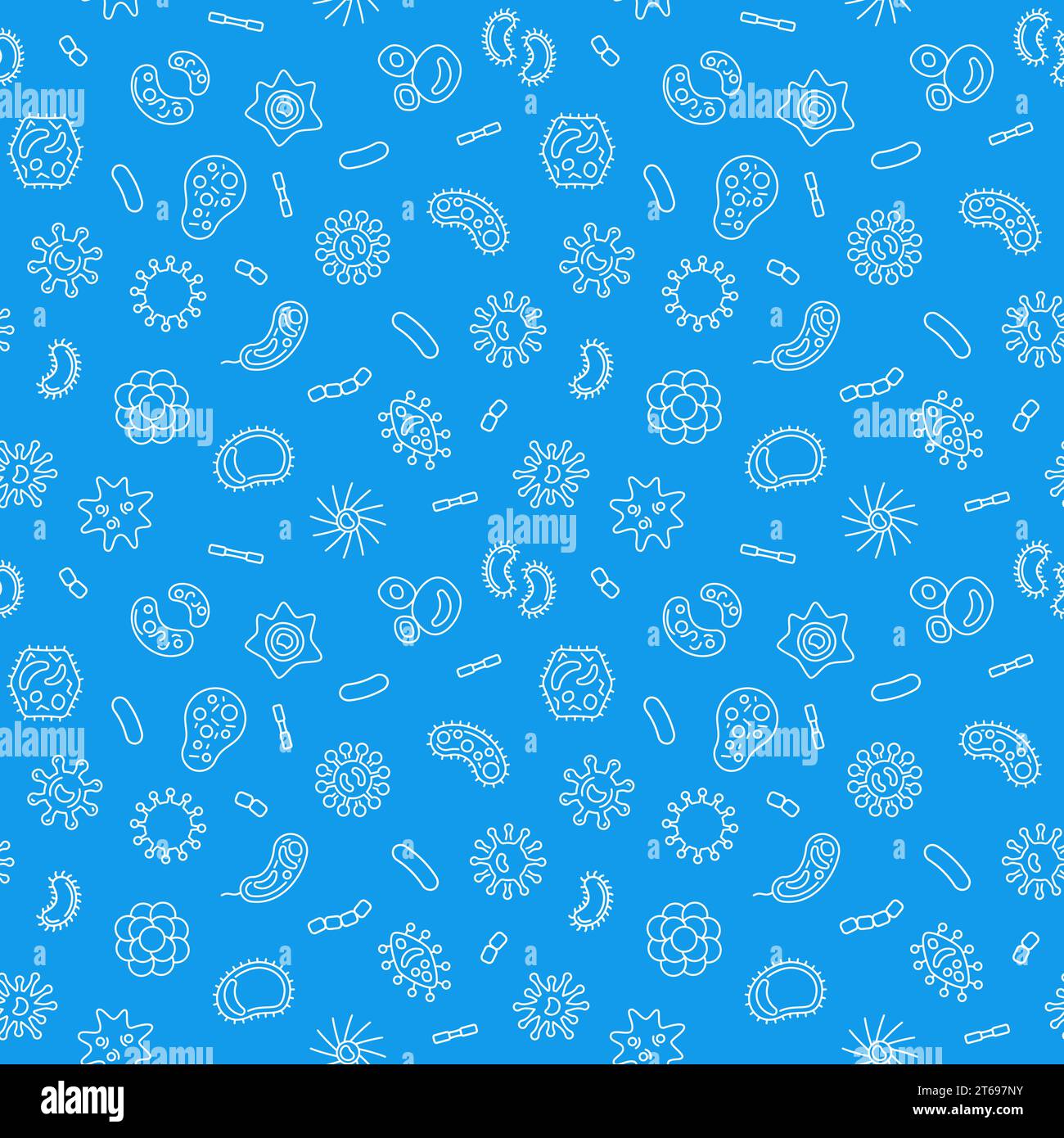 Blue microbiology vector seamless pattern or background in thin line ...