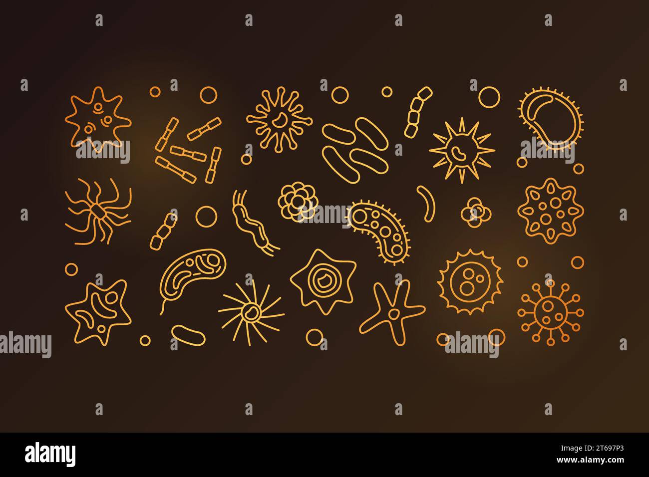 Bacterium linear golden horizontal banner. Vector microbiology concept ...
