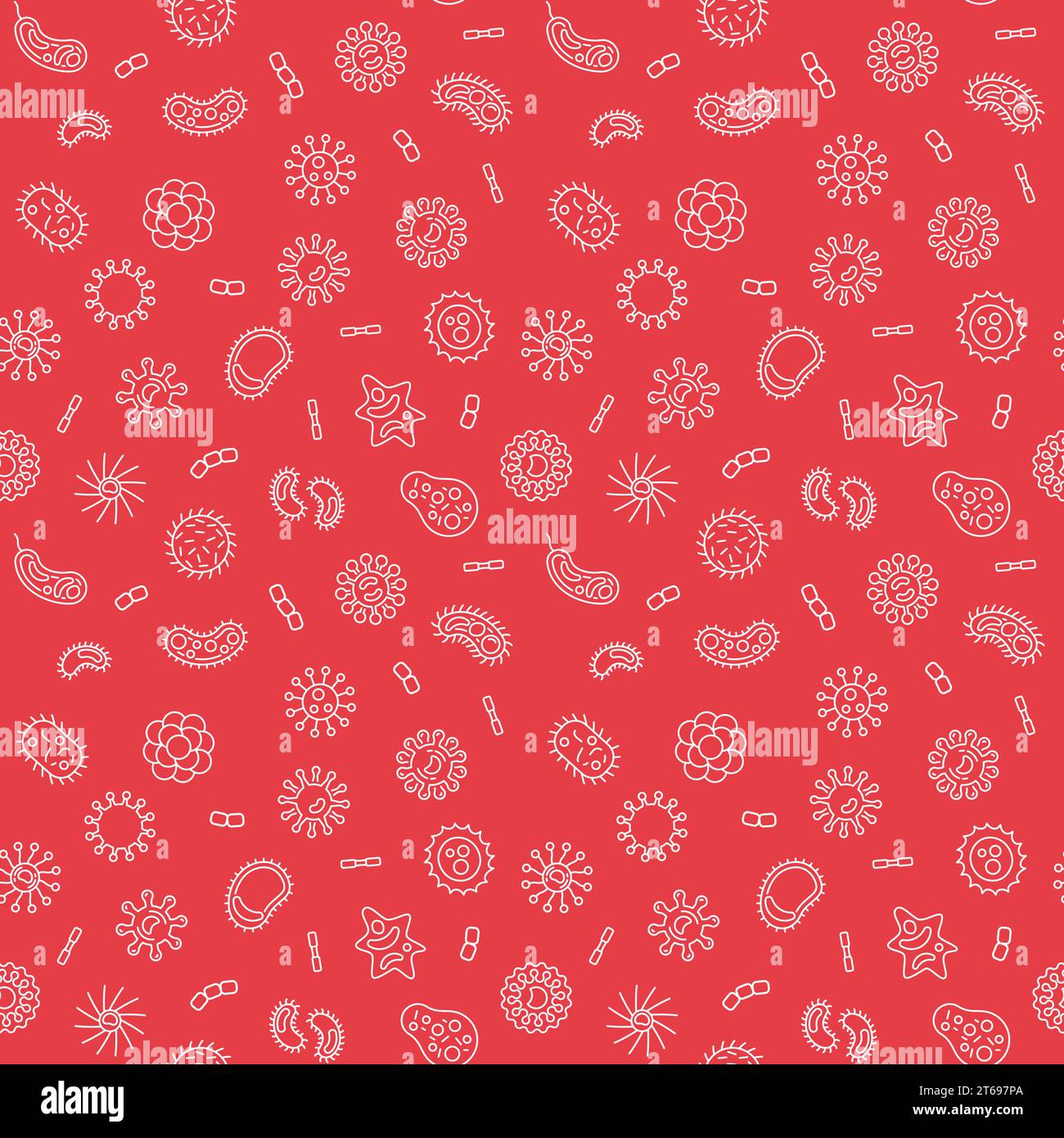 Seamless virology vector red pattern with outline virus and bacteria ...