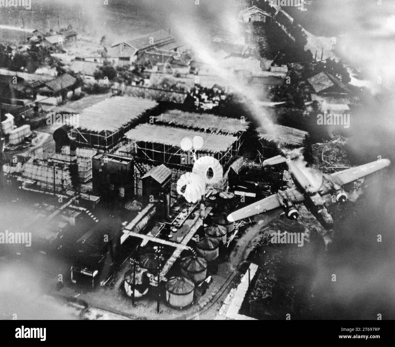 American bomber attacking facilities in a Japanese city, spring 1945 ...
