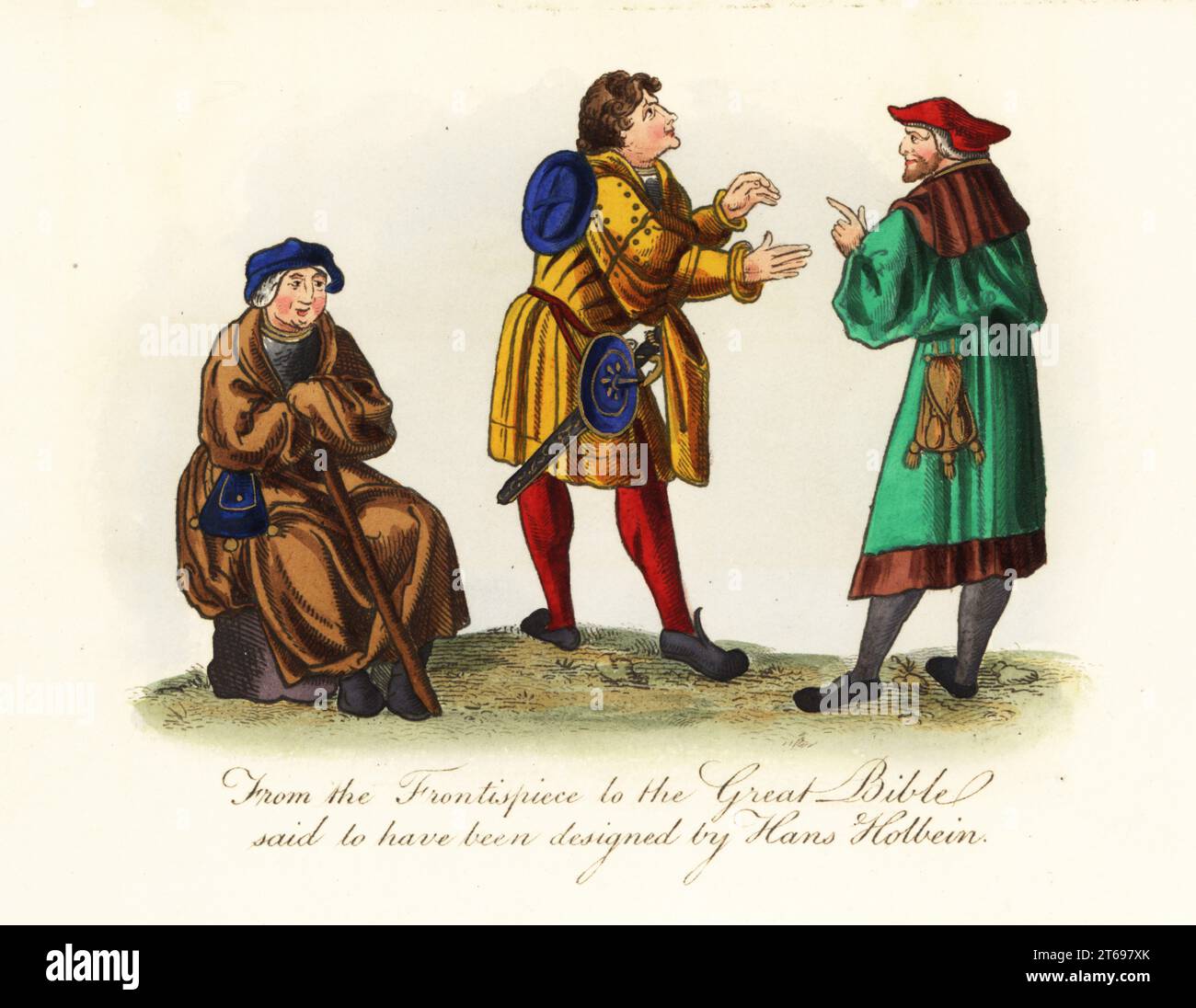 Man in a cape with staff and purse, and two men in velvet doublets and ...