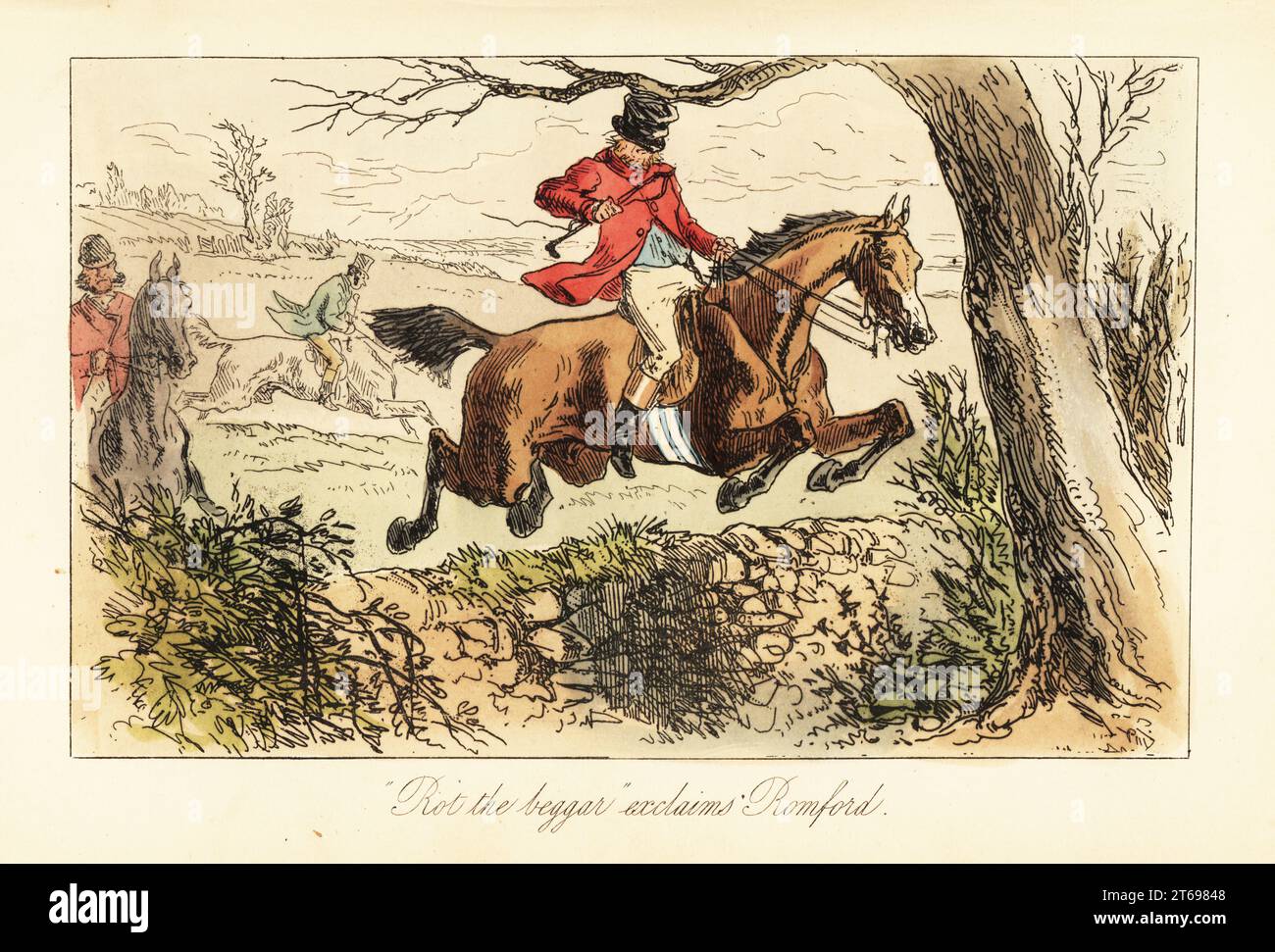 English huntsman making a dangerous jump over a stone wall beneath a ...