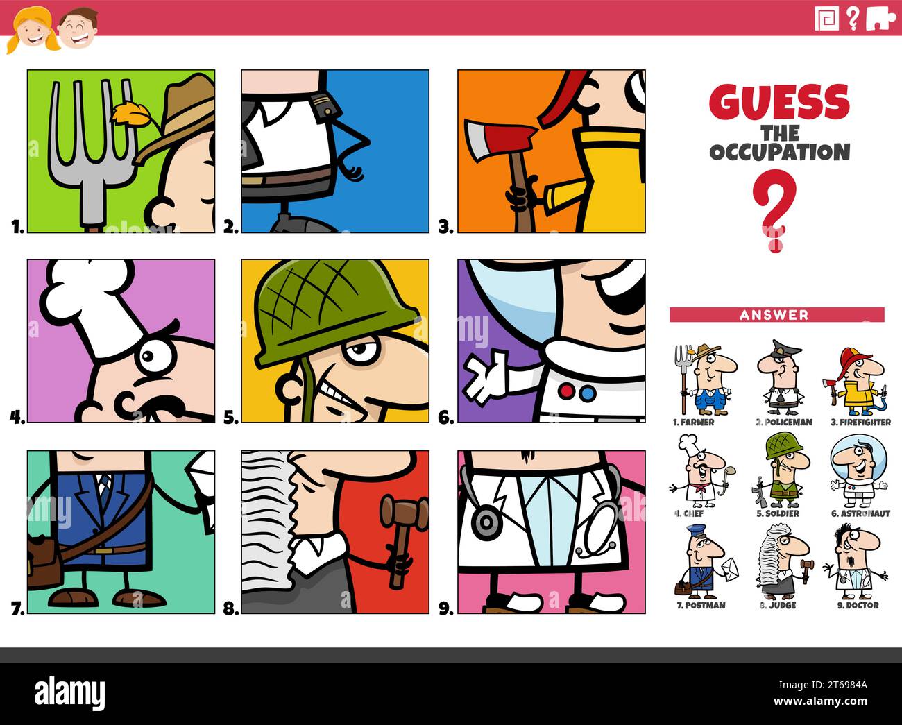 Cartoon illustration of educational activity of guessing the occupation ...