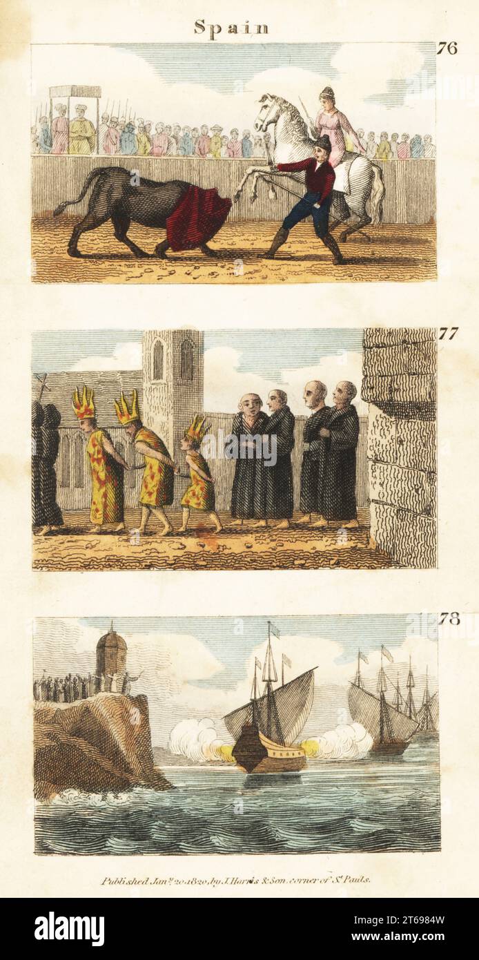 Historical views of Spain. Bullfighter about to kill a bull with dagger ...