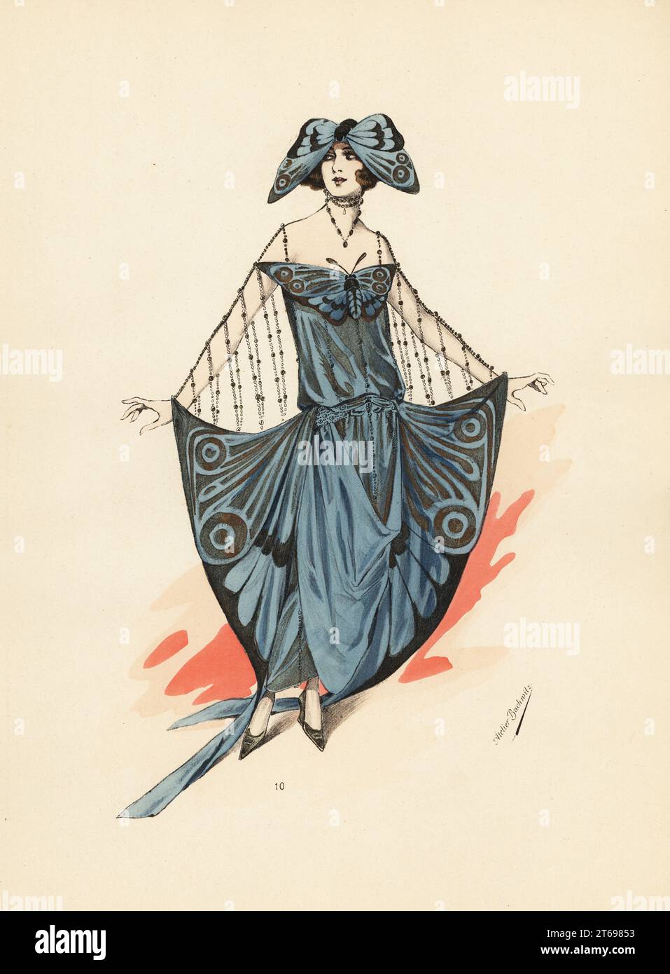 Woman in a fancy dress costume as a butterfly with painted crepe de ...