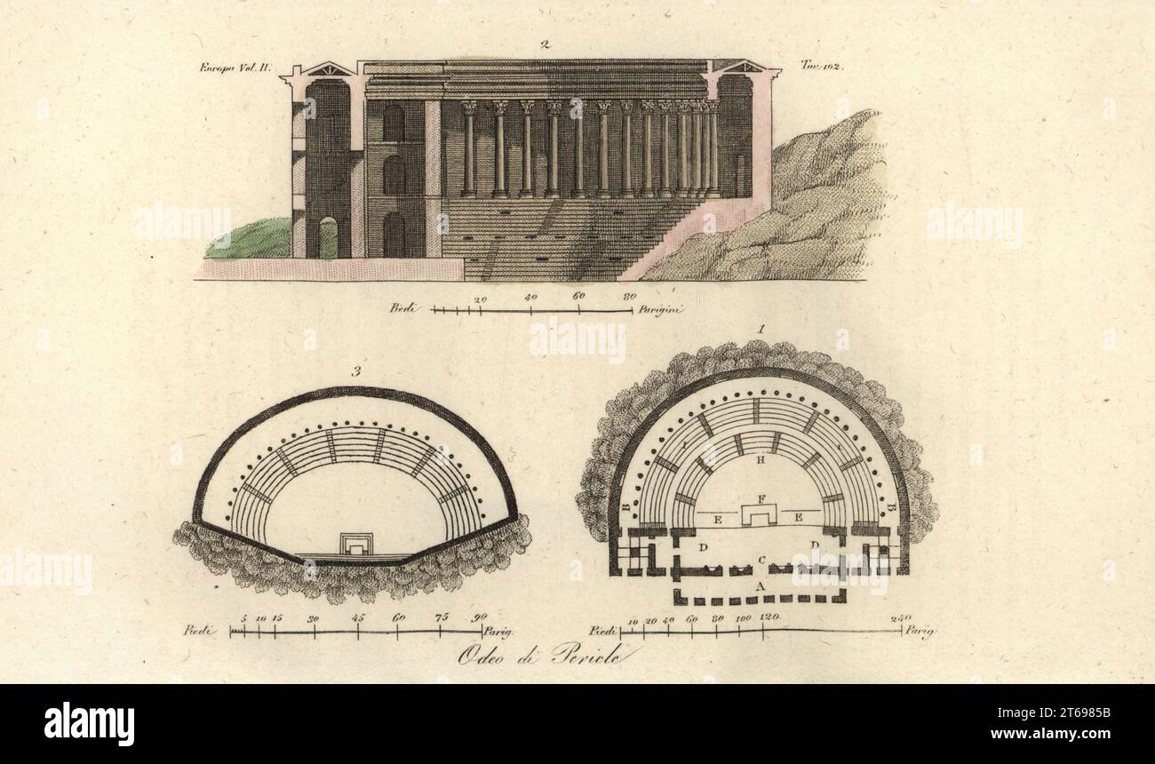 Plans and section of the Odeon of Athens or Odeon of Pericles in Athens ...