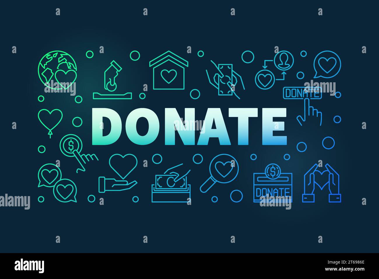 Donate vector colorful thin line horizontal illustration on dark ...