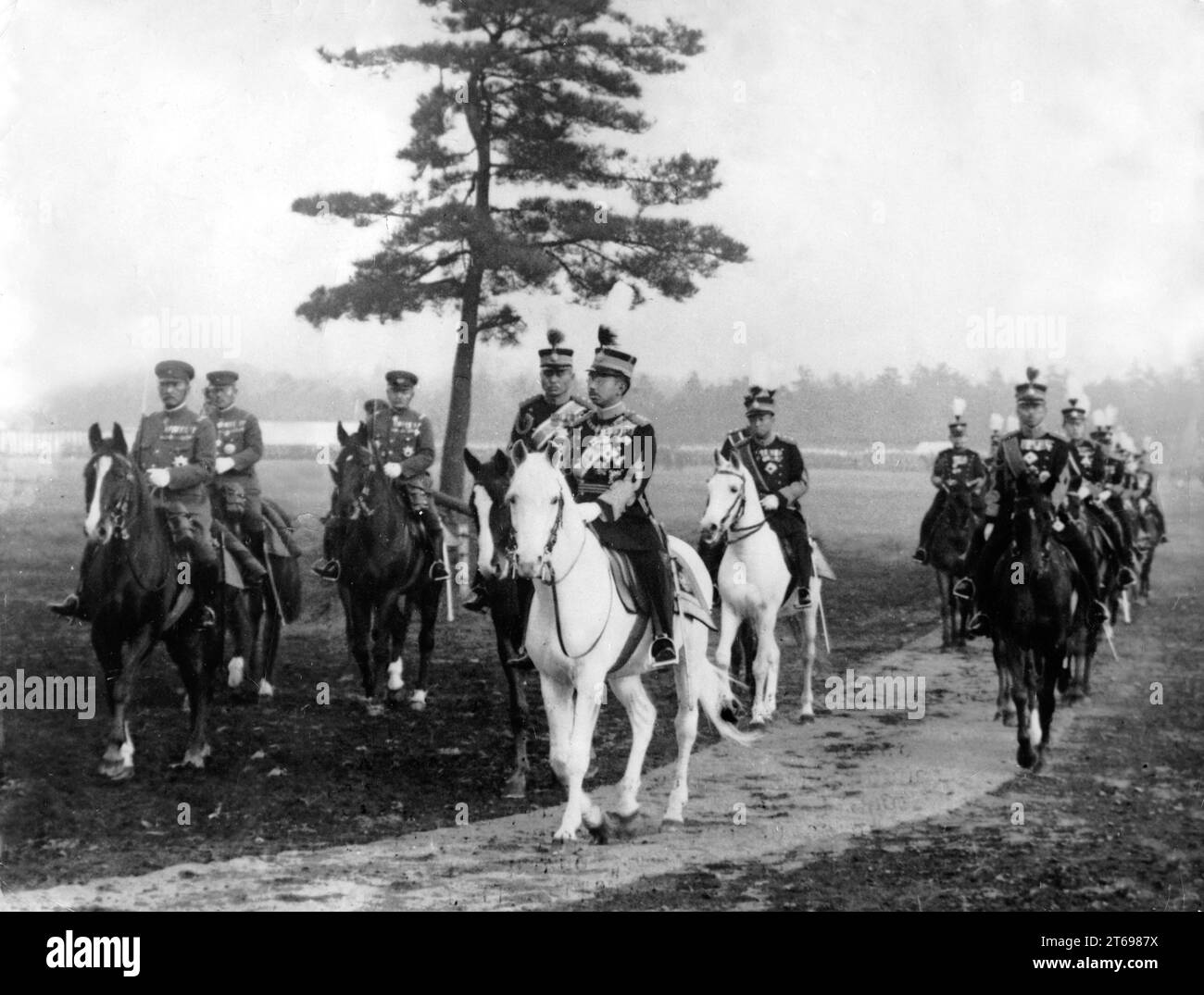 "Emperor Hirohito on his horse ""White Snow"" (Shirayuki) with officers ...