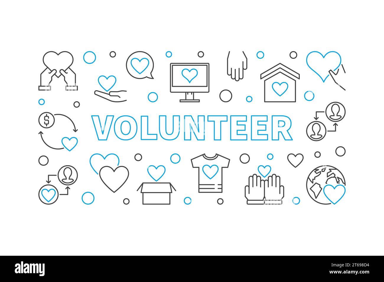 Volunteer vector outline horizontal illustration. Charity and Volunteering concept linear banner ...