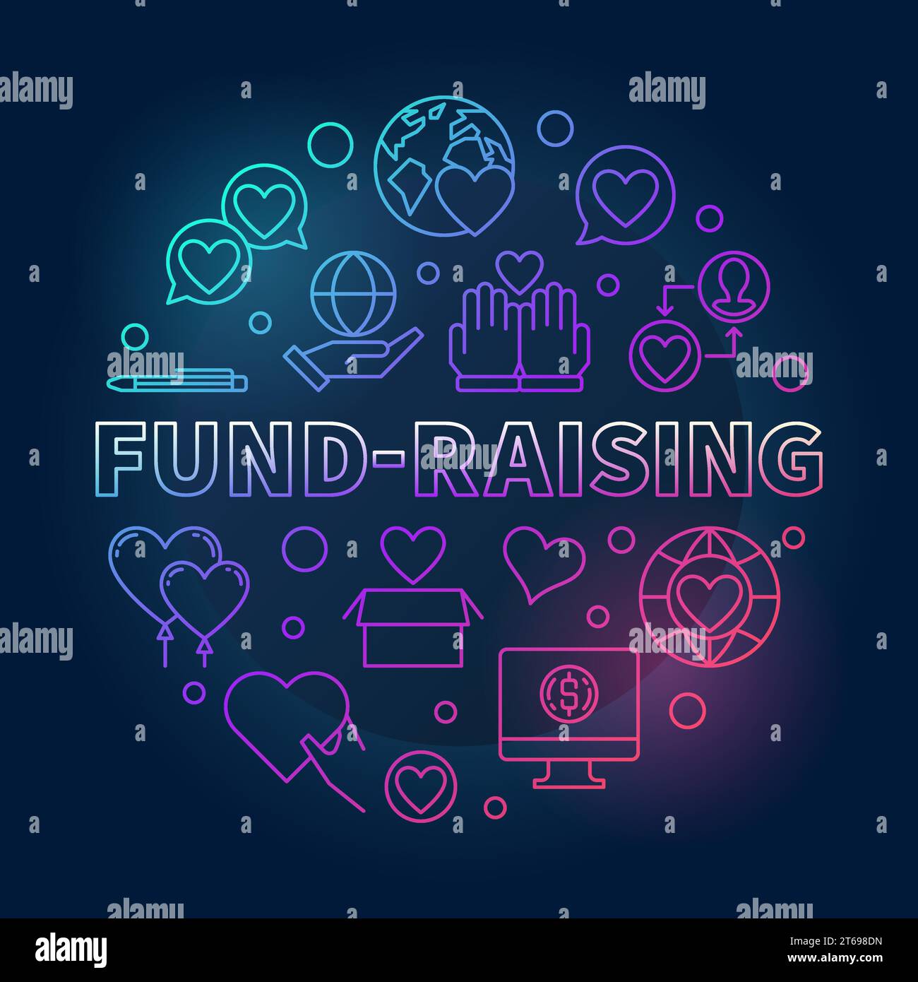 Fund-Raising round vector colored linear illustration on dark ...