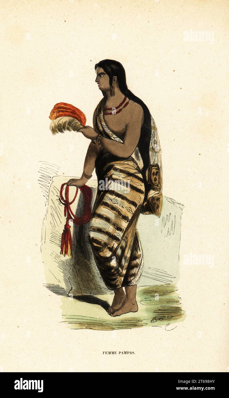 Woman of the Pampas lowlands, Argentina. She wears a dress of striped ...