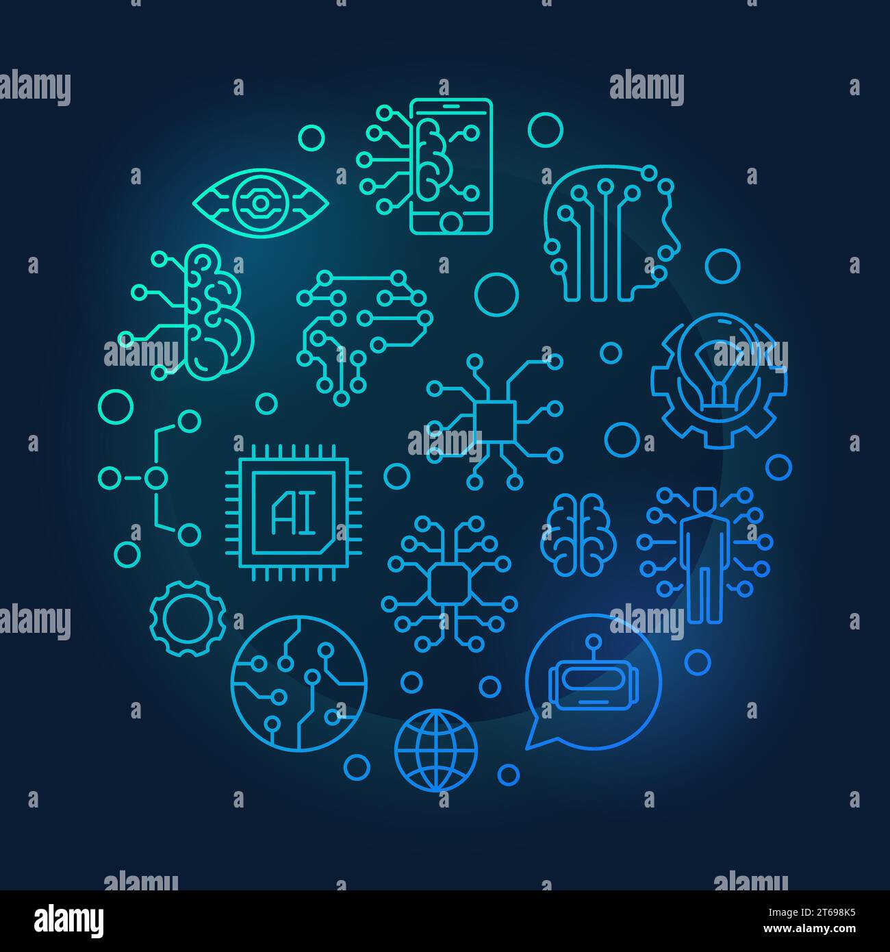 AI round outline blue illustration. Artificial Intelligence and Digital ...