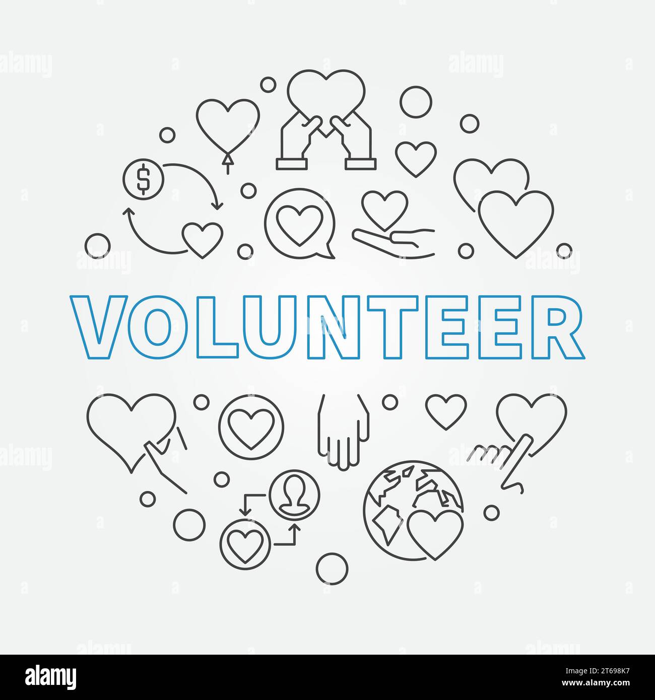 Volunteer round vector outline illustration. Charity and volunteering ...