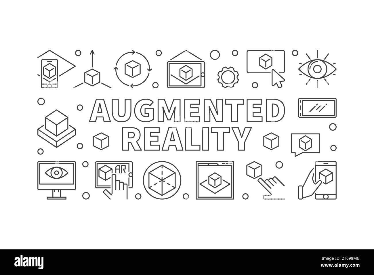 Augmented reality vector horizontal illustration or banner made with outline AR icons on white ...