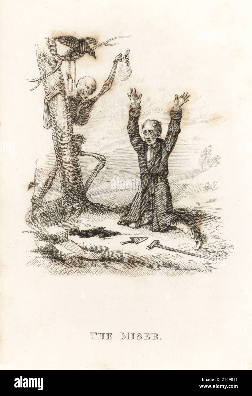 The skeleton of Death and the miser. The skeleton holds up a bag of ...