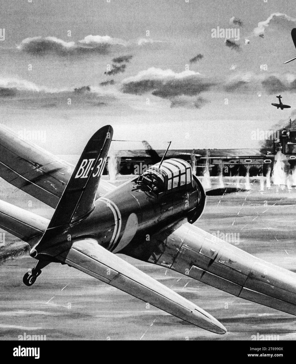 Drawing depicting Lieutenant Seki's kamikaze attack with an Aichi D3A1 ...