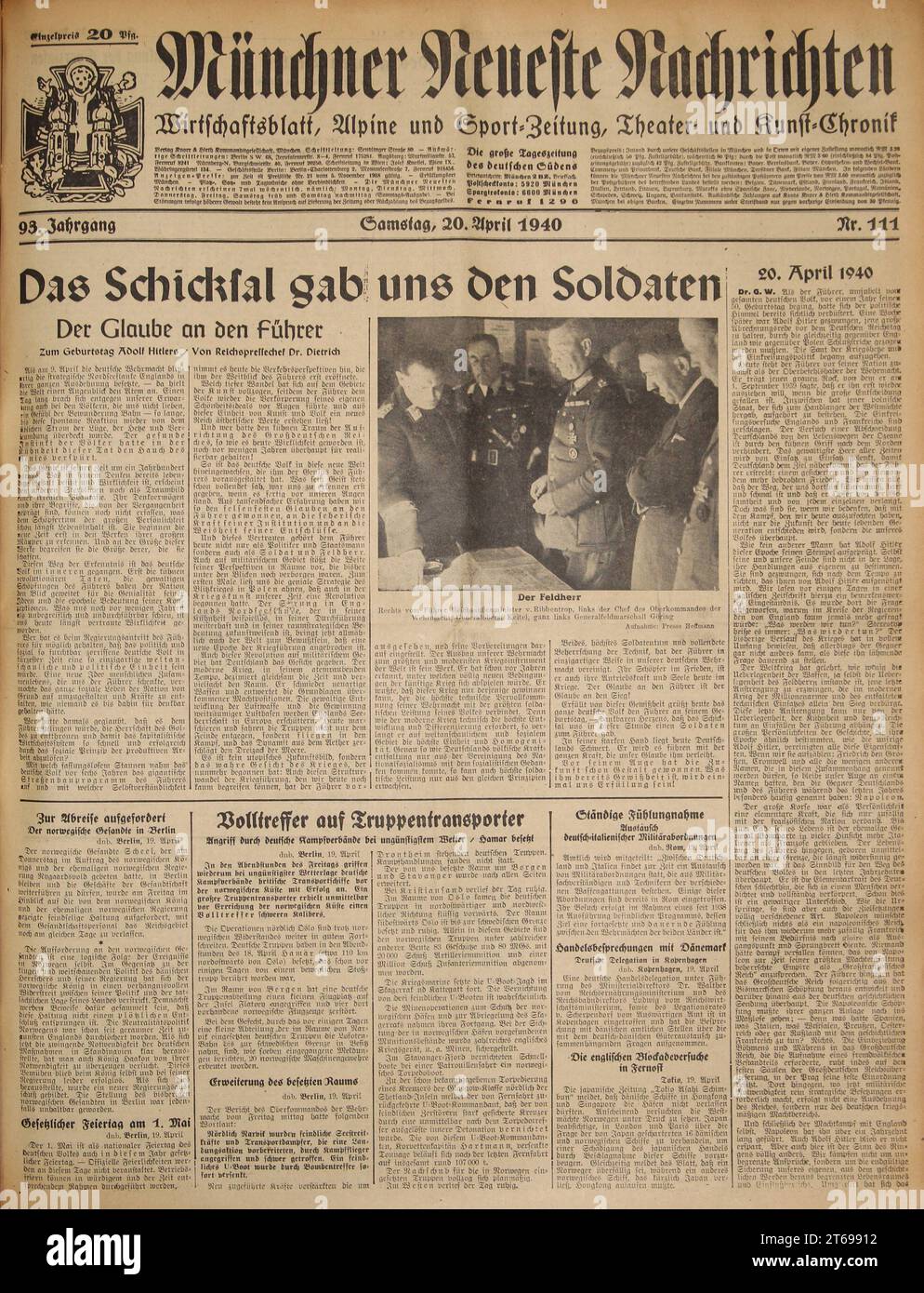 Front page of the daily newspaper Münchner Neuste Nachrichten published ...