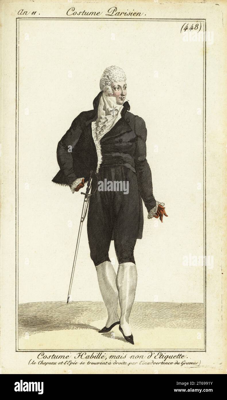 French dandy in formal wear, but not court. He wears a wig, black frock ...