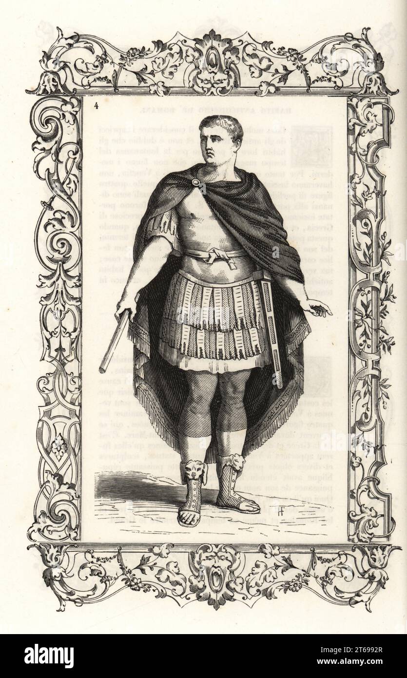Battle costume of an ancient Roman consul or tribune. He wears a purple ...