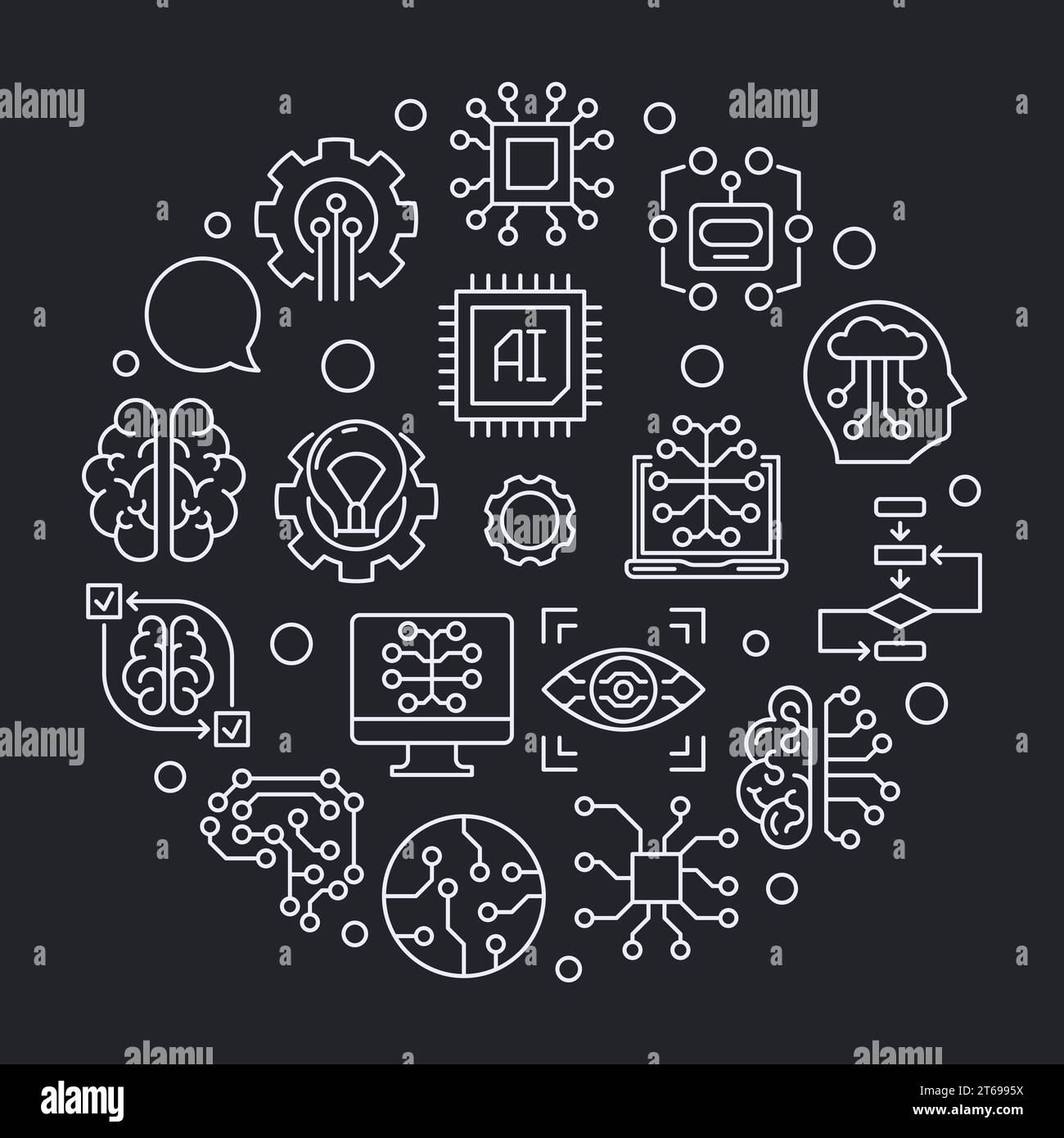 Artificial Intelligence round vector line illustration. AI technology ...