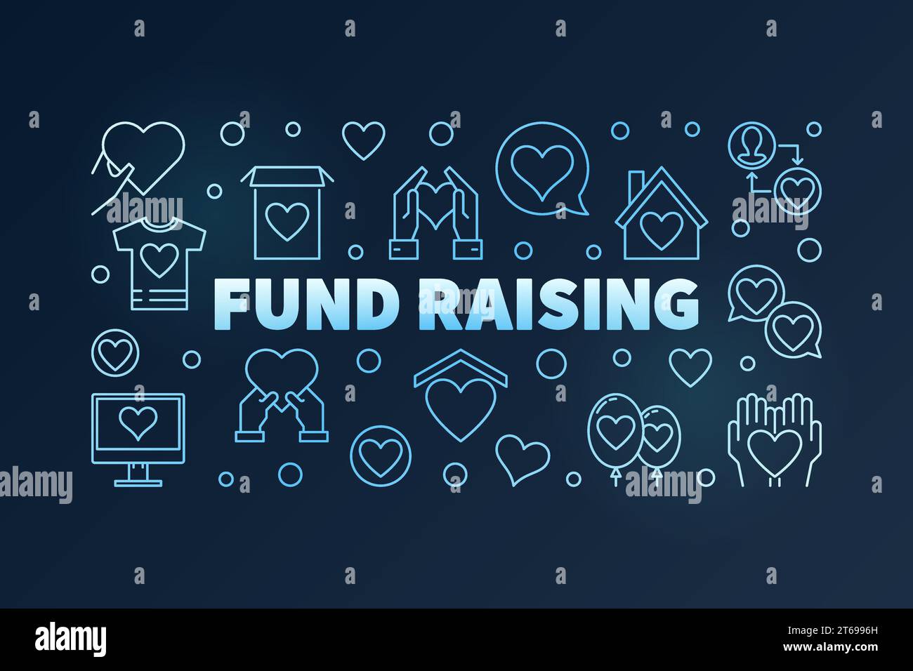 Fund Raising vector blue illustration in outline style on dark ...