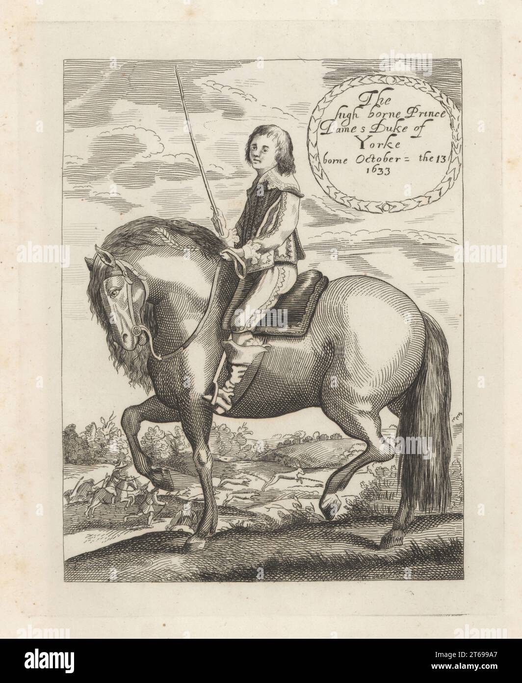 King James II of England, as a young Duke of York, 1644. On horseback ...