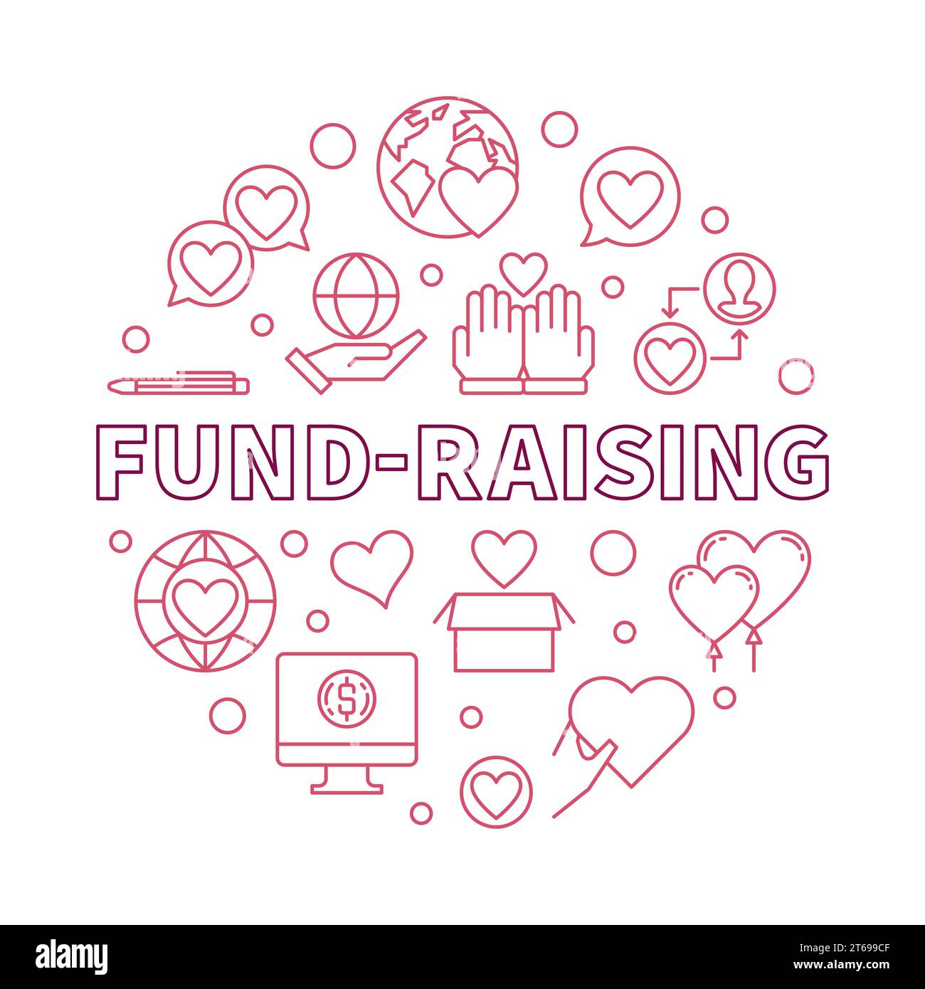 Fund-Raising round vector red outline illustration on white background ...